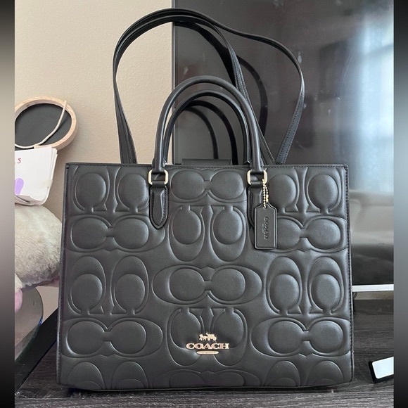 Coach | Bags | Coach Black Embossed Leather Tote Bag | Poshmark